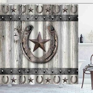 Dia Magico 4PCS Western Shower Curtain Set, Brown Texas Star Horseshoe White Barn Door Barn Star Country Rustic Farmhouse Bathroom Decor, Waterproof Fabric Shower Curtain, Non-slip Bath Mat Toilet Rug