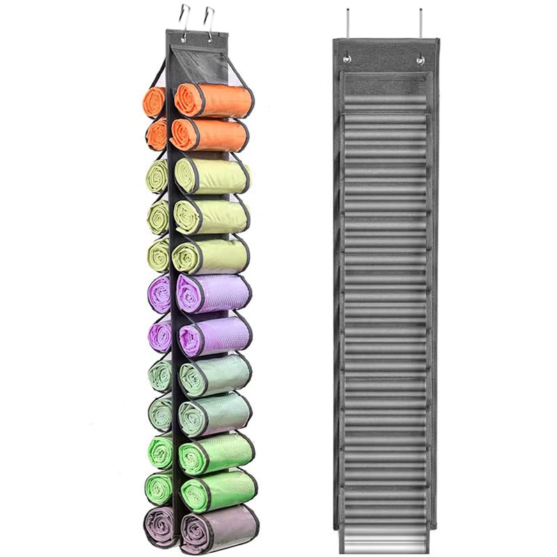 JIIKOOAI Foldable Leggings Storage Bag Clothes Portable Closet Roll Holder - Hanging Clothes Shirt Organizer with 24 compartments Leggings Organizer, T-Shirt Organizer on Door/Wall (Grey)