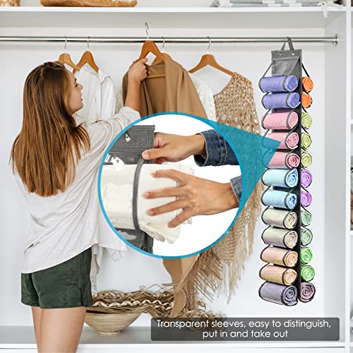 JIIKOOAI Foldable Leggings Storage Bag Clothes Portable Closet Roll Holder - Hanging Clothes Shirt Organizer with 24 compartments Leggings Organizer, T-Shirt Organizer on Door/Wall (Grey)