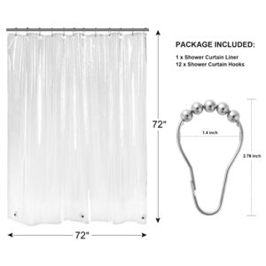 AmazerBath Clear Shower Curtain Liner, 72x72 Plastic Shower Liner with 12 Shower Curtain Hooks, Waterproof Shower Curtain Liner, Cute Shower Curtains for Bathroom with Magnets and 12 Grommet Holes