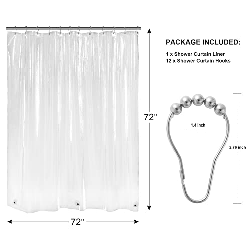 AmazerBath Clear Shower Curtain Liner, 72x72 Plastic Shower Liner with 12 Shower Curtain Hooks, Waterproof Shower Curtain Liner, Cute Shower Curtains for Bathroom with Magnets and 12 Grommet Holes