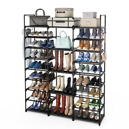 Caitlyn 9 Tiers Shoe Rack Storage Organizer Shoe Shelf Organizer for Entryway Holds 50-55 Pairs Shoe and Boots, Versatile Hooks Stackable Shoe Cabinet, Black