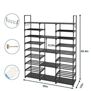 Caitlyn 9 Tiers Shoe Rack Storage Organizer Shoe Shelf Organizer for Entryway Holds 50-55 Pairs Shoe and Boots, Versatile Hooks Stackable Shoe Cabinet, Black