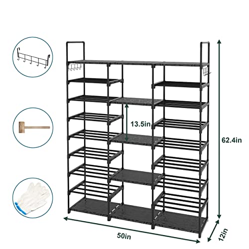 Caitlyn 9 Tiers Shoe Rack Storage Organizer Shoe Shelf Organizer for Entryway Holds 50-55 Pairs Shoe and Boots, Versatile Hooks Stackable Shoe Cabinet, Black