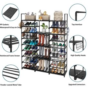 Caitlyn 9 Tiers Shoe Rack Storage Organizer Shoe Shelf Organizer for Entryway Holds 50-55 Pairs Shoe and Boots, Versatile Hooks Stackable Shoe Cabinet, Black