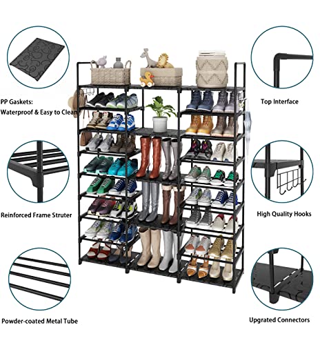 Caitlyn 9 Tiers Shoe Rack Storage Organizer Shoe Shelf Organizer for Entryway Holds 50-55 Pairs Shoe and Boots, Versatile Hooks Stackable Shoe Cabinet, Black