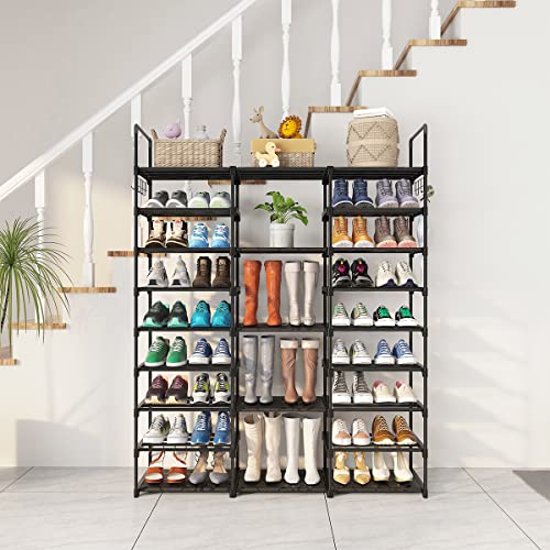 Caitlyn 9 Tiers Shoe Rack Storage Organizer Shoe Shelf Organizer for Entryway Holds 50-55 Pairs Shoe and Boots, Versatile Hooks Stackable Shoe Cabinet, Black