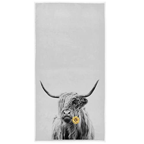 Pfrewn Highland Cattle Cow Sunflower Hand Bath Towels Soft Absorbent Bathroom Guest Towel Hanging Kitchen Dish Towel for Home Decor 16x30 in