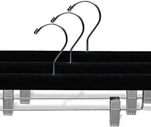 The Great American Hanger Company Black Velvet Pant Hanger w/Adjustable Cushion Clips, Box of 25 Flat Wood Bottom Hangers w/Chrome Swivel Hook for Jeans Slacks or Skirt