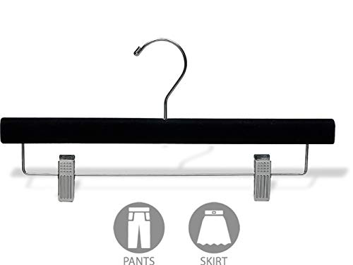 The Great American Hanger Company Black Velvet Pant Hanger w/Adjustable Cushion Clips, Box of 25 Flat Wood Bottom Hangers w/Chrome Swivel Hook for Jeans Slacks or Skirt