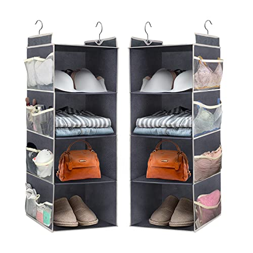 CazyHome 4-Shelf Hanging Closet Organizers and Storage, 12 Pockets on Both Sides, 2 Pack, Non-Woven Closet Storage Shelves, Gray