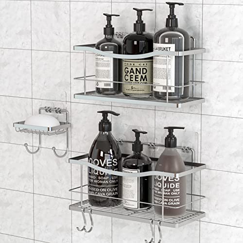 GeekDigg Shower Caddy, Shower Organizer with Soap Holder 3 Pack, Wall Mounted Stainless Steel Rustproof Drill-Free Self Adhesive Shower Shelves with Hooks for Bathroom & Kitchen (Silver)