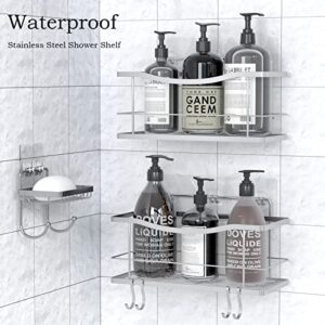 GeekDigg Shower Caddy, Shower Organizer with Soap Holder 3 Pack, Wall Mounted Stainless Steel Rustproof Drill-Free Self Adhesive Shower Shelves with Hooks for Bathroom & Kitchen (Silver)