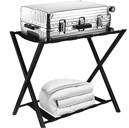 Folding Luggage Rack Suitcase Stand with Storage Shelf for Guest Room Bedroom Hotel, Black (1)