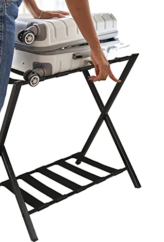 Folding Luggage Rack Suitcase Stand with Storage Shelf for Guest Room Bedroom Hotel, Black (1)