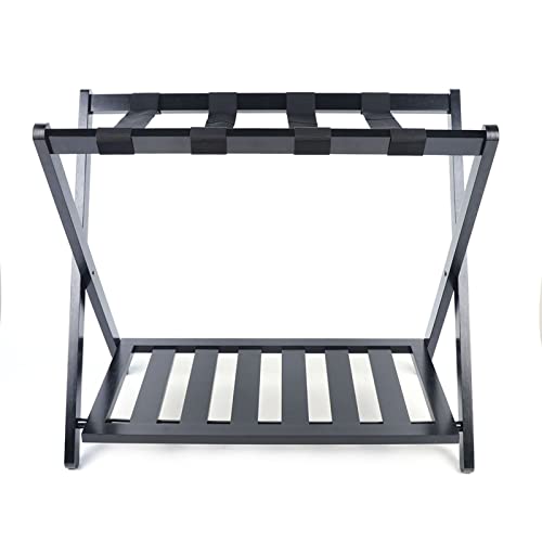 TBVECHI Luggage Rack, Household 2 Tier Black Luggage Storage Rack Folding Bedroom Storage Rack High-Grade Bamboo Wood Foldable Design Easy to Store Strong Load-Bearing Capacity for Home Hotel Use