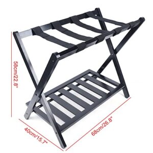 TBVECHI Luggage Rack, Household 2 Tier Black Luggage Storage Rack Folding Bedroom Storage Rack High-Grade Bamboo Wood Foldable Design Easy to Store Strong Load-Bearing Capacity for Home Hotel Use