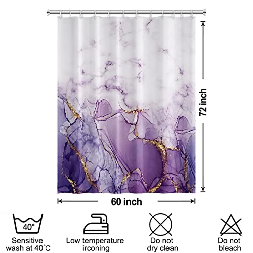 Uiiooazy Marble Bathroom Shower Curtain Purple Gold Fabric Shower Curtains with Hooks Watercolor Abstract Shower Curtain Liner 60x72 inches