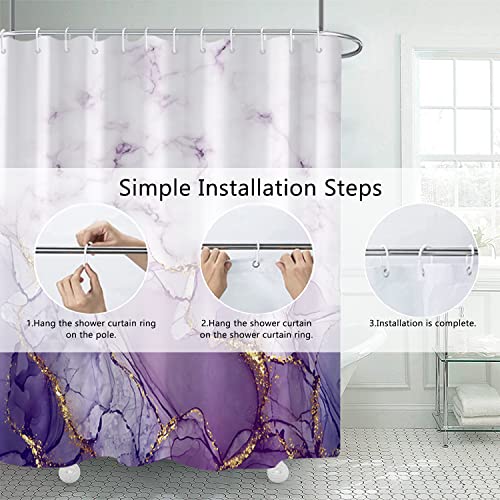 Uiiooazy Marble Bathroom Shower Curtain Purple Gold Fabric Shower Curtains with Hooks Watercolor Abstract Shower Curtain Liner 60x72 inches