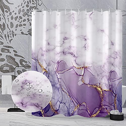 Uiiooazy Marble Bathroom Shower Curtain Purple Gold Fabric Shower Curtains with Hooks Watercolor Abstract Shower Curtain Liner 60x72 inches