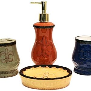 A.C.K. Trading Co. Tuscany Fleur De Lis Hand Painted Ceramic,4-Piece Ceramic Bathroom Accessories Soap Dispenser, Toothbrush Holder, Toothbrush Cup, Soap Dish, 82010 by ACK