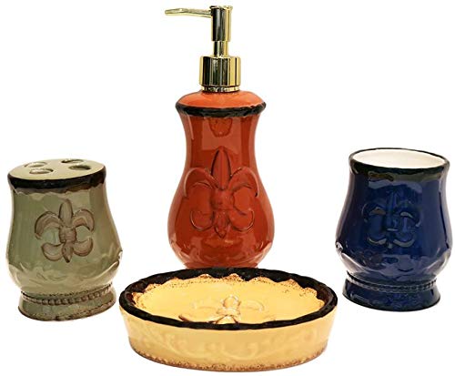 A.C.K. Trading Co. Tuscany Fleur De Lis Hand Painted Ceramic,4-Piece Ceramic Bathroom Accessories Soap Dispenser, Toothbrush Holder, Toothbrush Cup, Soap Dish, 82010 by ACK