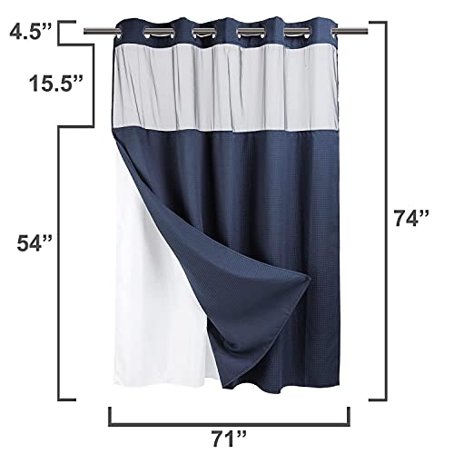 No Hooks Required Waffle Weave Shower Curtain with Snap in Liner - 71W x 74H,Hotel Grade,Spa Like Bath Curtain,Navy