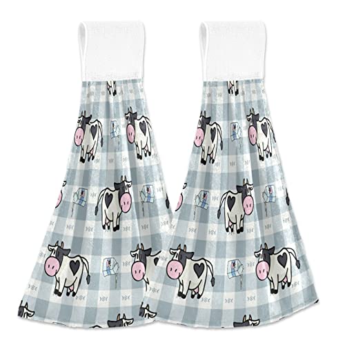 xigua Cute Cow Kitchen Hanging Towel 2PCS,Soft Absorbent Hand Towel Home Decorative Wipe a Towel with Hook & Loop Hanging Tie Towel for Kitchen, Bathroom, Toilet, etc