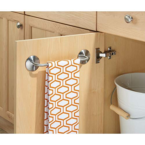 mDesign Decorative Metal Small Towel Bar - Strong Self Adhesive - Storage and Display Rack for Hand, Dish, and Tea Towels - Stick to Wall, Cabinet, Door, Mirror in Kitchen, Bathroom - Brushed