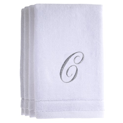 Monogrammed Towels Fingertip, Personalized Gift, 11 x 18 Inches - Set of 4- Silver Embroidered Towel - Extra Absorbent 100% Cotton- Soft Velour Finish - For Bathroom/ Kitchen/ Spa- Initial C (White)