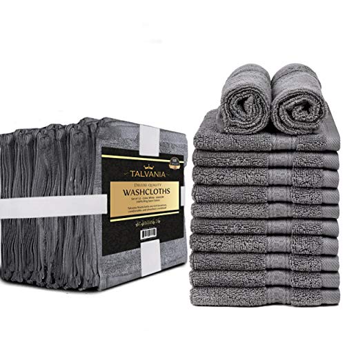 TALVANIA Grey Washcloths Cotton - 13” X 13” 100% Pure Ring Spun Cotton Towels 600 GSM Soft and Absorbent, Pack of 12 Face Cloths Wash Towel (Gray)