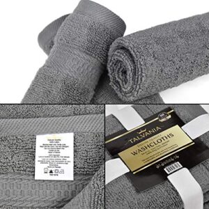 TALVANIA Grey Washcloths Cotton - 13” X 13” 100% Pure Ring Spun Cotton Towels 600 GSM Soft and Absorbent, Pack of 12 Face Cloths Wash Towel (Gray)