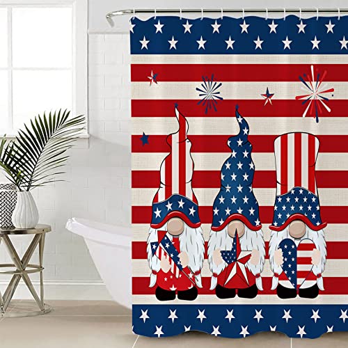 Comforance 4 Pcs Shower Curtain Set with Rug, Independence Day Star Bathroom Curtains Shower Set Toilet Mat Lid Rug Bathroom Sets Shower Curtain Sets with Hooks, Cute Gnomes Red Blue Stripes