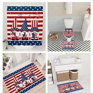 Comforance 4 Pcs Shower Curtain Set with Rug, Independence Day Star Bathroom Curtains Shower Set Toilet Mat Lid Rug Bathroom Sets Shower Curtain Sets with Hooks, Cute Gnomes Red Blue Stripes