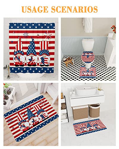 Comforance 4 Pcs Shower Curtain Set with Rug, Independence Day Star Bathroom Curtains Shower Set Toilet Mat Lid Rug Bathroom Sets Shower Curtain Sets with Hooks, Cute Gnomes Red Blue Stripes