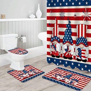 Comforance 4 Pcs Shower Curtain Set with Rug, Independence Day Star Bathroom Curtains Shower Set Toilet Mat Lid Rug Bathroom Sets Shower Curtain Sets with Hooks, Cute Gnomes Red Blue Stripes