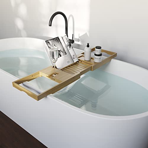 Home-Complete Acacia Bathtub Tray, Natural Wood Tray with Extended Sides,