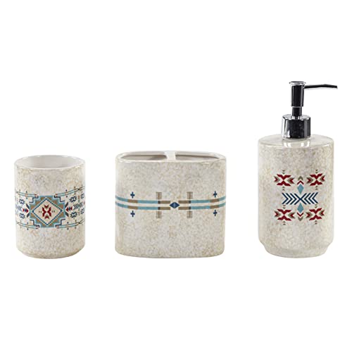 Paseo Road by HiEnd Accents | Spirit Valley 3 Piece Aztec Ceramic Countertop Bathroom Accessories Set with Soap Lotion Dispenser, Tumbler, Toothbrush Holder, Western Rustic Southwestern Style