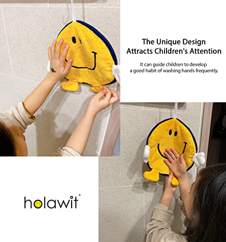 holawit Cute Happy Face Positive Smile Character Microfiber Coral Velvet Ultra Soft Super Absorbent Hand Towel with Hanging Loop