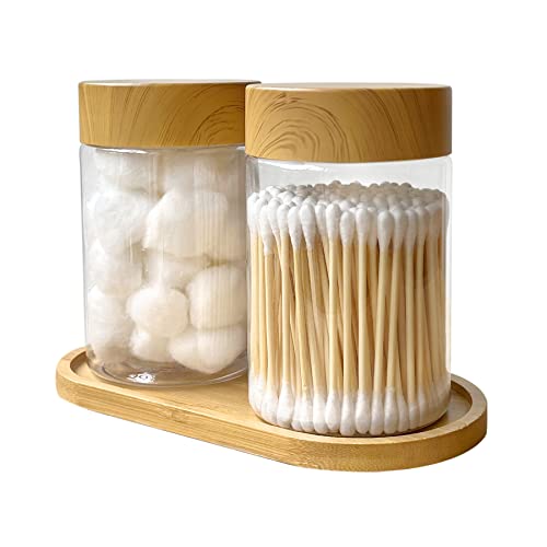 Homesweet Qtip Holder Bathroom Set, 2 Bathroom Jars with Tray, 11oz Plastic Airtight Jars Perfect for Family with Kids, Moisture-Proof, Bamboo Tray with Non-Slip Pads, Wood Color