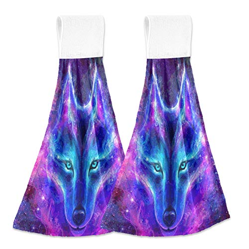 Alaza Wolf in A Galaxy Hanging Kitchen Hand Towels with Loop Super Absorbent Hand Towels Machine Washable 2 Piece Sets