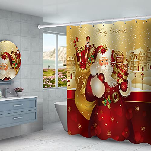 Christmas Shower Curtain Set for Bathroom Decorations,4 Pcs Xmas Element Waterproof Tub Curtains with Bath Rugs, Washable Non-Slip Mat,Toilet Cover and Hooks for Holiday Inside Outside Decor (A42)