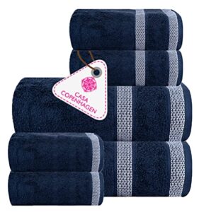 casa copenhagen solitaire designed in denmark 600 gsm 2 bath towels 2 hand towels 2 washcloths, super soft egyptian cotton 6 towels set for bathroom, kitchen & shower - navy blue