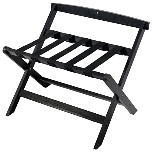 AKVOMBI Luggage Rack with Back, Black Suitcase Stand for Guest Room, Folding Luggage Stand with Storage Shelf for Bedroom, Hotel, Nylon Straps, Wood