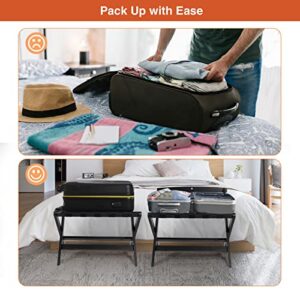 AKVOMBI Luggage Rack with Back, Black Suitcase Stand for Guest Room, Folding Luggage Stand with Storage Shelf for Bedroom, Hotel, Nylon Straps, Wood