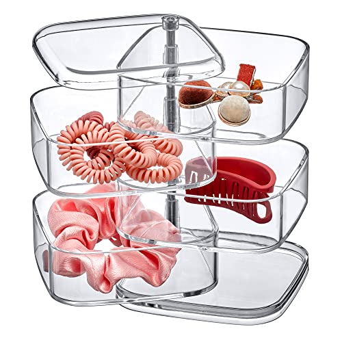 Amazing Abby - Inspire - 4-Tier Acrylic Hair Accessories Organizer with Lid, Plastic Jewelry Holder, Rotating Makeup Accessories Container, Beauty Supply Storage for Vanity and Bathroom, Clear, Square