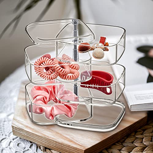 Amazing Abby - Inspire - 4-Tier Acrylic Hair Accessories Organizer with Lid, Plastic Jewelry Holder, Rotating Makeup Accessories Container, Beauty Supply Storage for Vanity and Bathroom, Clear, Square