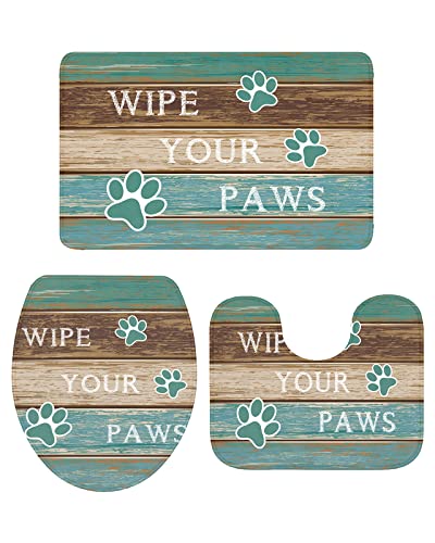 Teal Turquoise Bathroom Rugs Mat Sets 3 Piece, Bath Shower Rugs with U-Shaped Contour Toilet Mat, Ristic Farmhouse Brown Paw Prints Large Absorbent Bathtub Runner Rugs Floor Mats