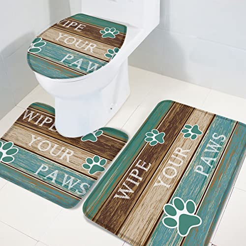 Teal Turquoise Bathroom Rugs Mat Sets 3 Piece, Bath Shower Rugs with U-Shaped Contour Toilet Mat, Ristic Farmhouse Brown Paw Prints Large Absorbent Bathtub Runner Rugs Floor Mats