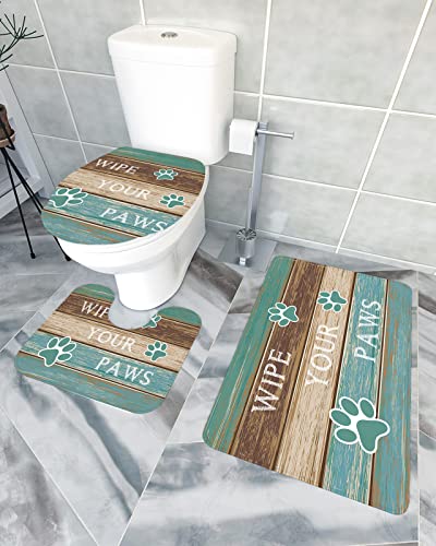 Teal Turquoise Bathroom Rugs Mat Sets 3 Piece, Bath Shower Rugs with U-Shaped Contour Toilet Mat, Ristic Farmhouse Brown Paw Prints Large Absorbent Bathtub Runner Rugs Floor Mats